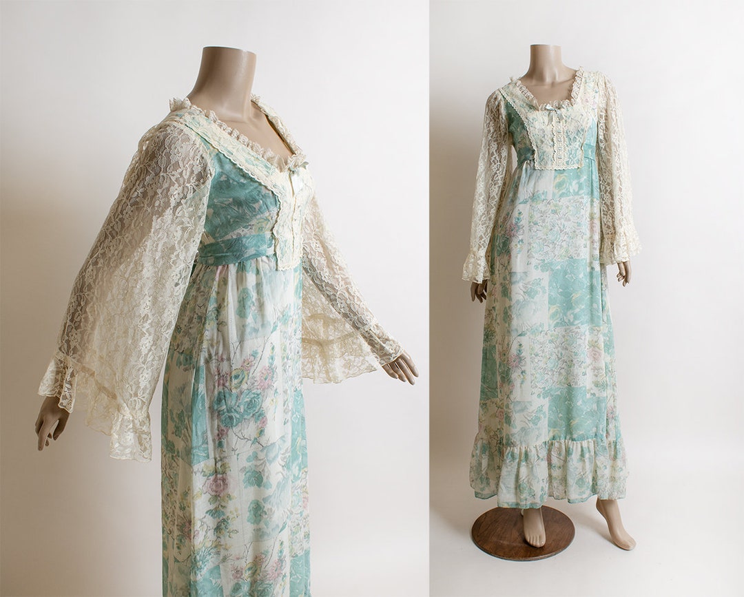 Vintage 1970s Lace Angel Sleeve Maxi Dress - Pastel Blue Floral Print Patchwork Style Prairie ...