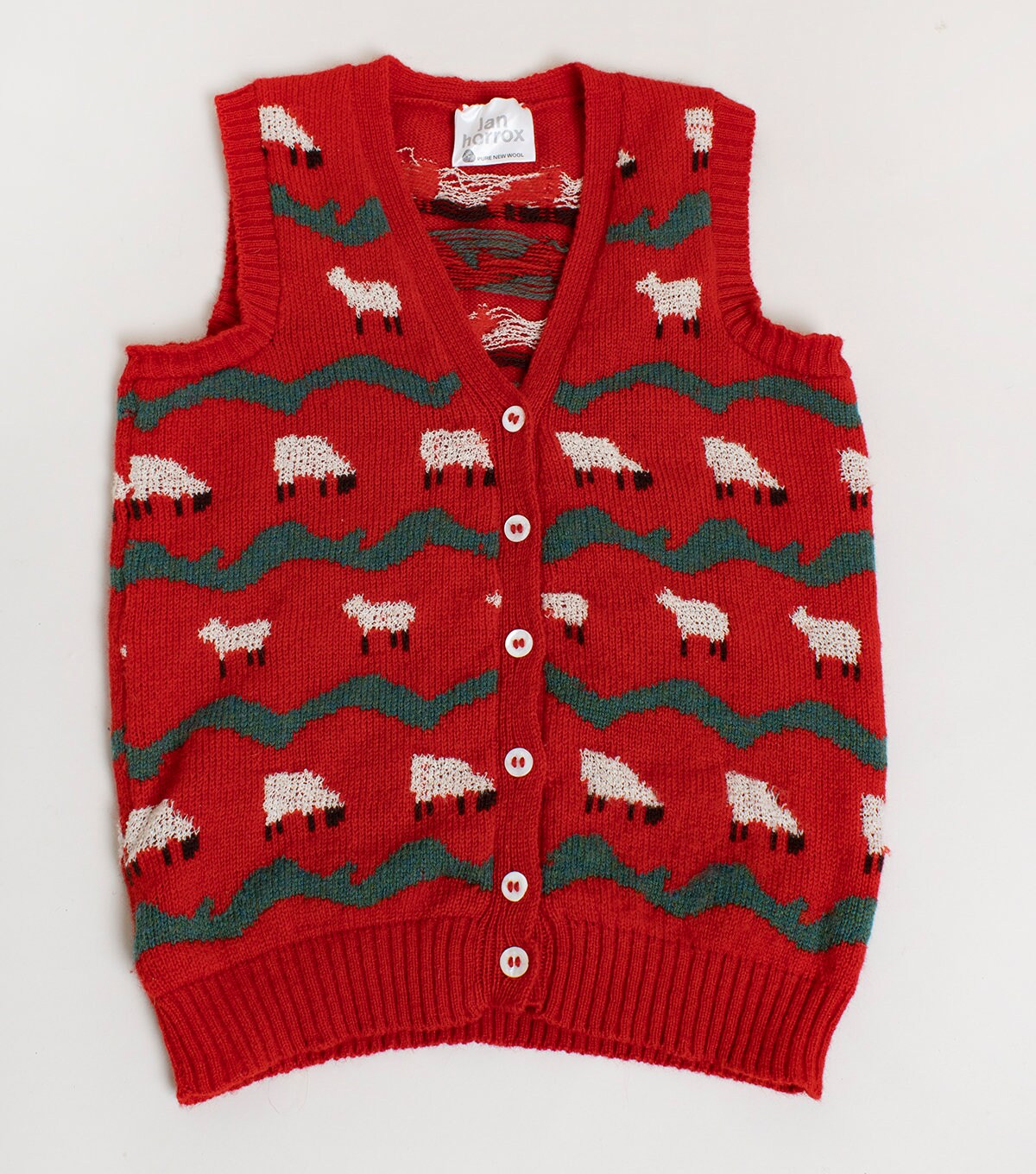 Vintage Sheep Vest - Red White Knit 1980s 1970s Novelty Vintage Sheep Vest - Red White Knit 1980s 1970s Novelty
