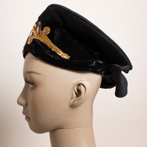 Vintage 1940s Hat - Black Square Felt With Velvet & Gold Flower Sequins ...