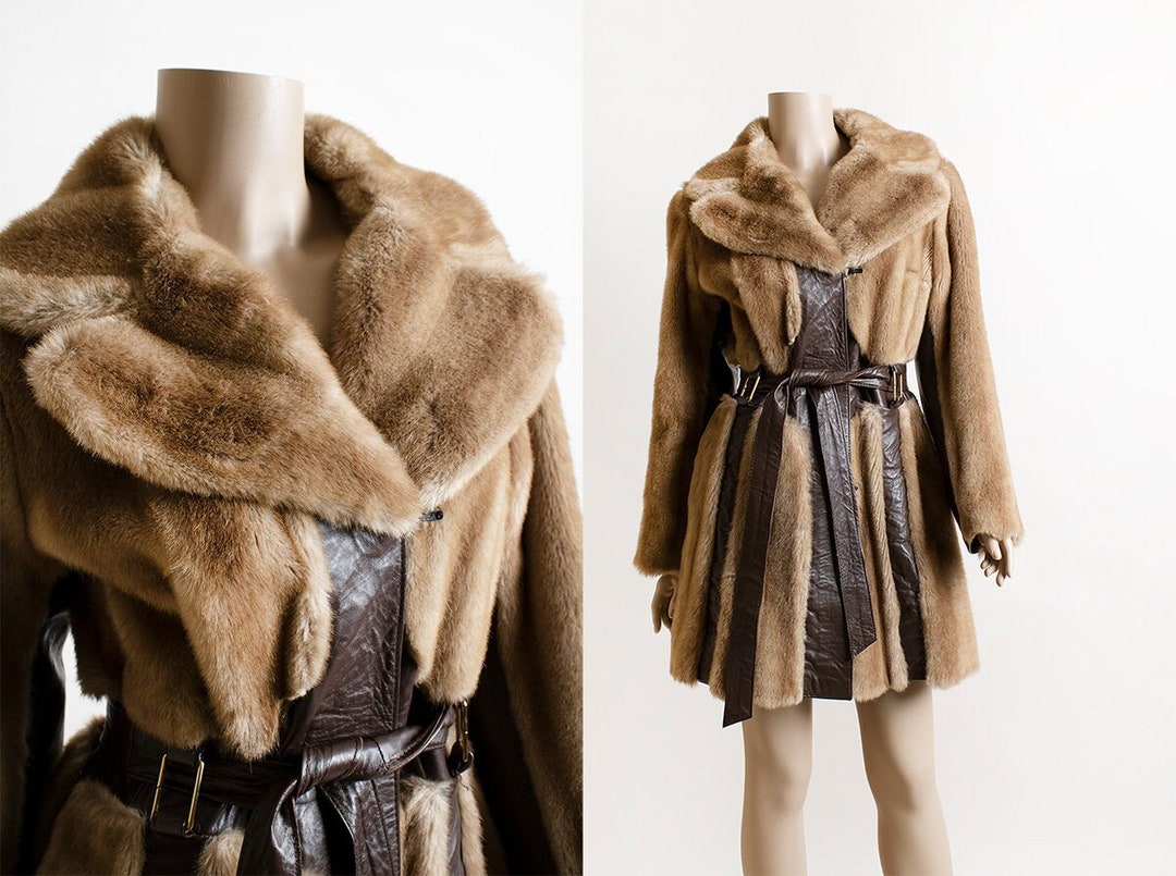 Vintage 1970s Faux Fur & Leather Coat Caramel Brown Soft Large Collar ...