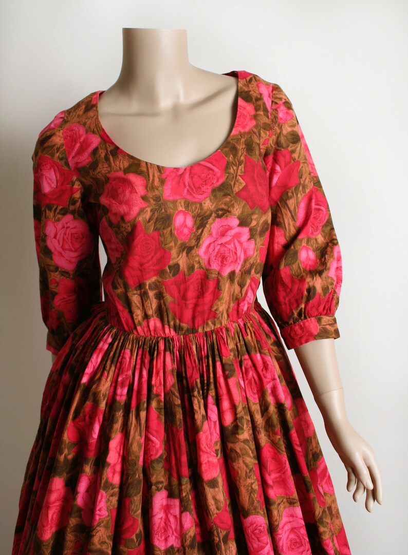 Vintage 1950s Rose Print Dress - Early 1960s Cotton Floral Print Pink ...