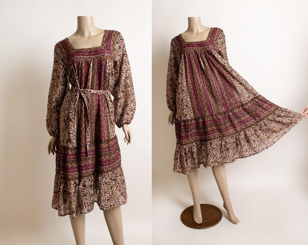 Vintage 1970s Boho Hippie Gauzy Dress - Kaiser 70s Pakistan Floral ...