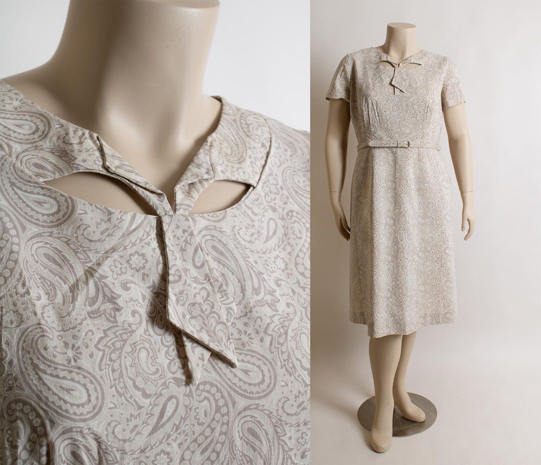 Vintage 1940s Cotton Day Dress - Light Tan Cocoa Brown White Paisley ...