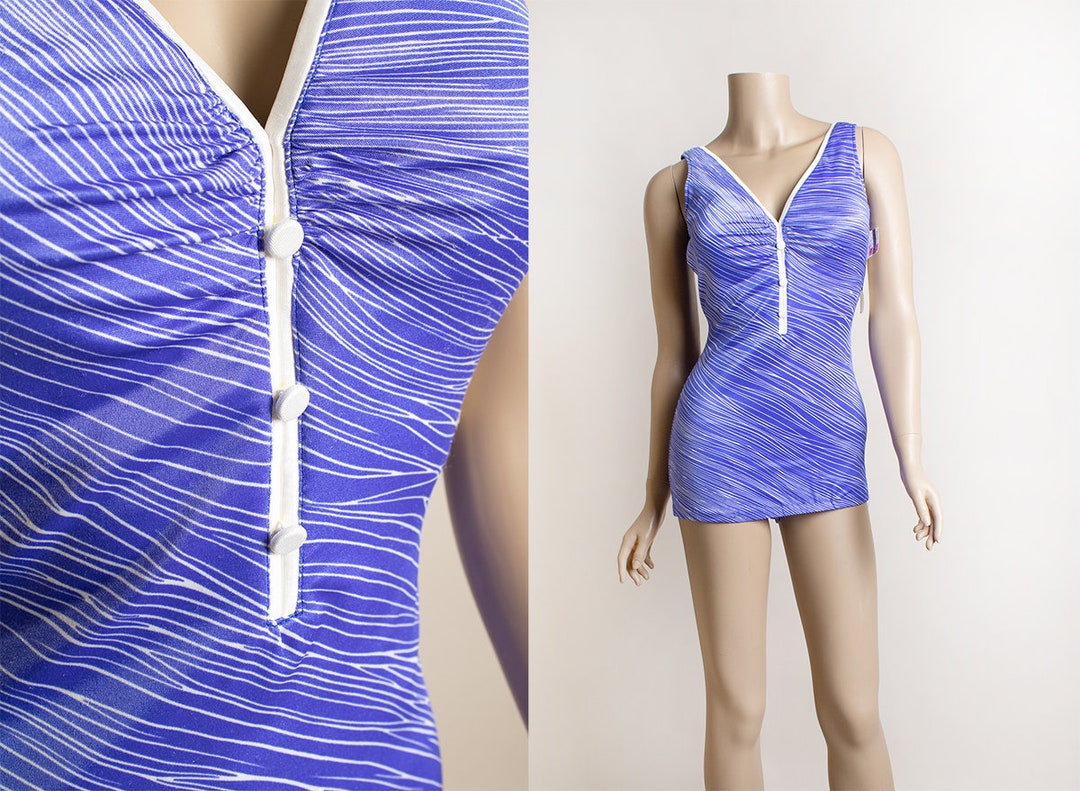 Vintage 1970s Bathing Suit - Purple & White Zebra Striped Gathered ...