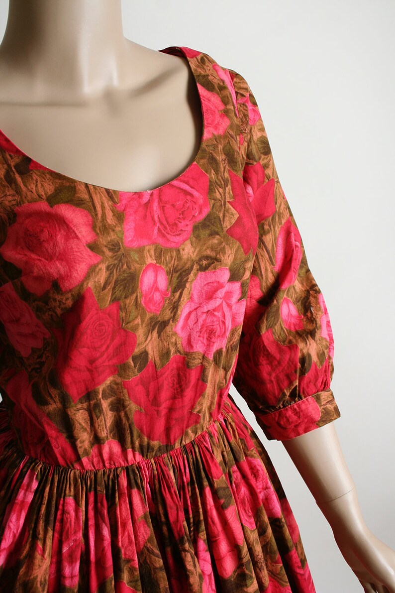 Vintage 1950s Rose Print Dress - Early 1960s Cotton Floral Print Pink ...