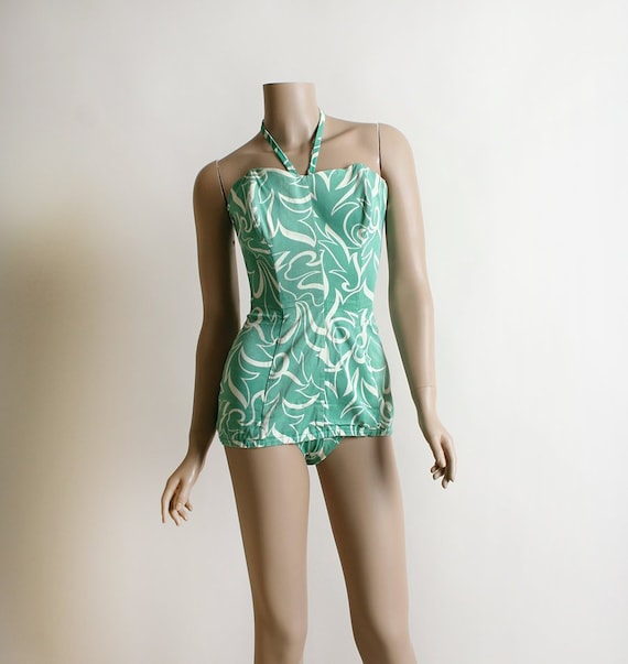 Vintage 1940s Bathing Suit - 1950s Pin-Up Mint Jade G… - Gem