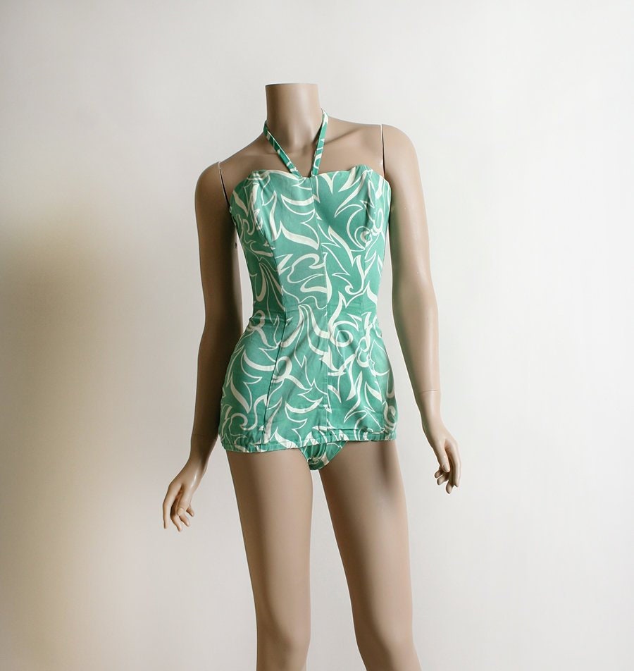 Vintage 1940s Bathing Suit 1950s Pin-up Mint Jade Green & | Etsy