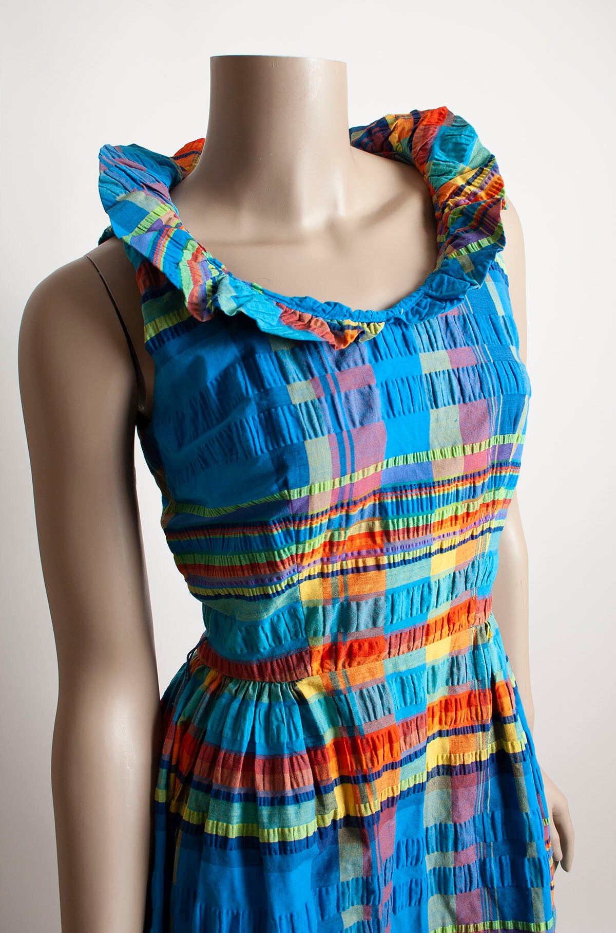 Vintage 1960s Mini Dress - Bright Blue Rainow Plaid Dolly Dress With ...