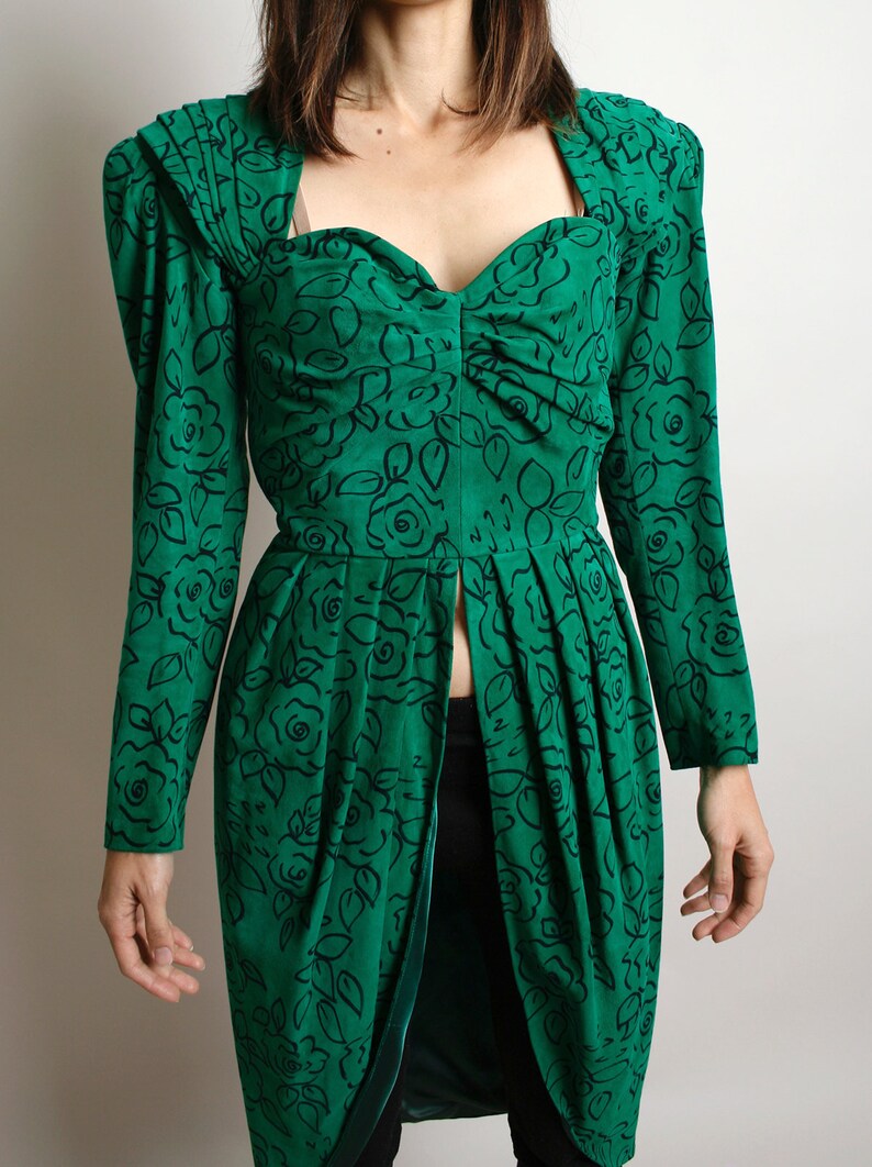 Vintage Suede Dress Emerald Green Open Front Bustle Rose - Etsy