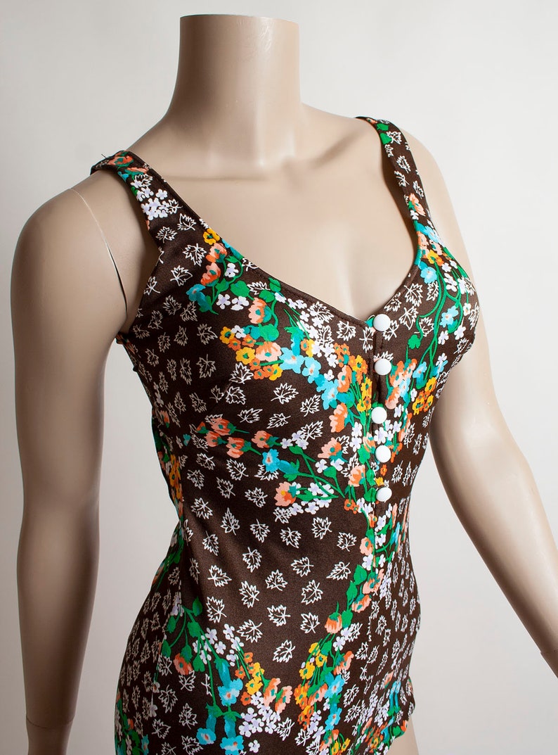 Vintage 1970s Bathing Suit - Brown Floral Print Autumn Leaf Print One ...