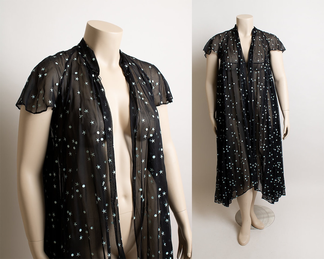 Vintage Star & Moon Print Sheer Duster Robe - Black and Pastel Blue ...