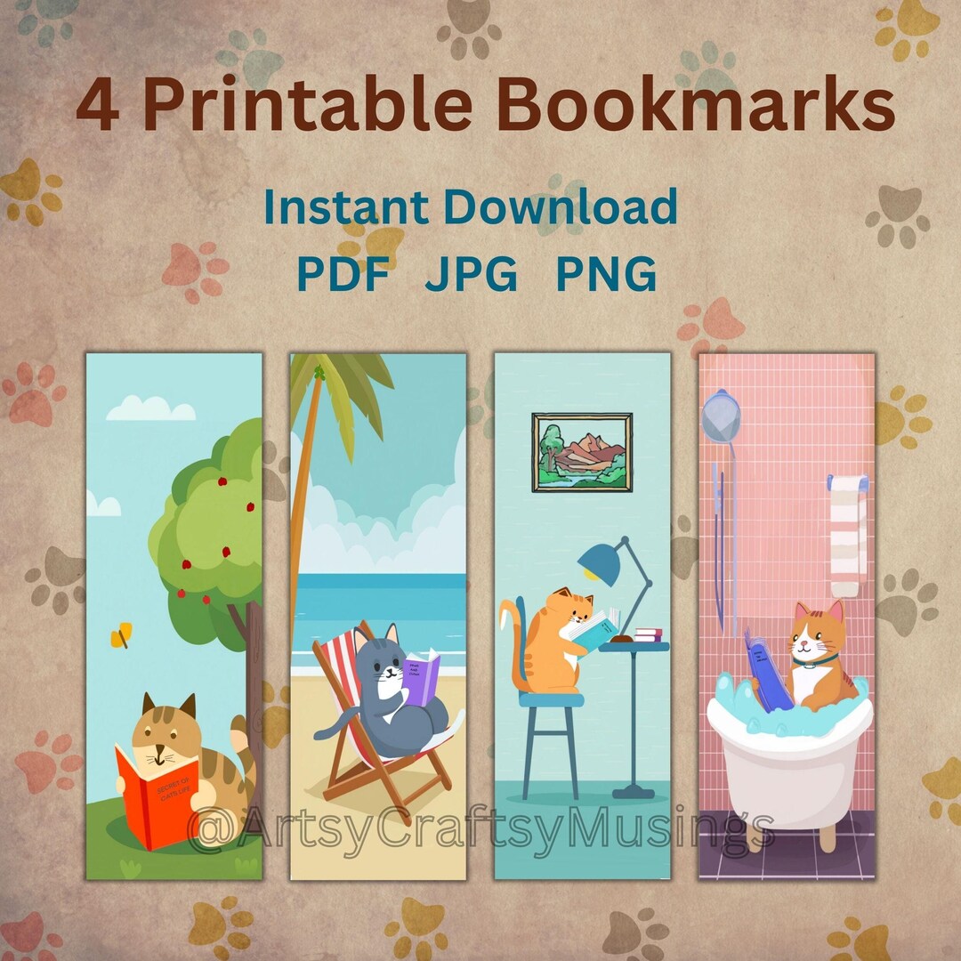 Cute Cat Printable Bookmarks Set of 4, Instant Download, Bookmarks for ...