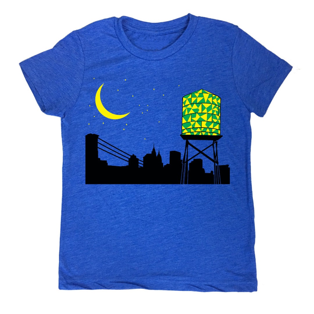 KIDS Water Tower Tee - Night Cityscape Moon Stars Brooklyn T-shirt Blue ...