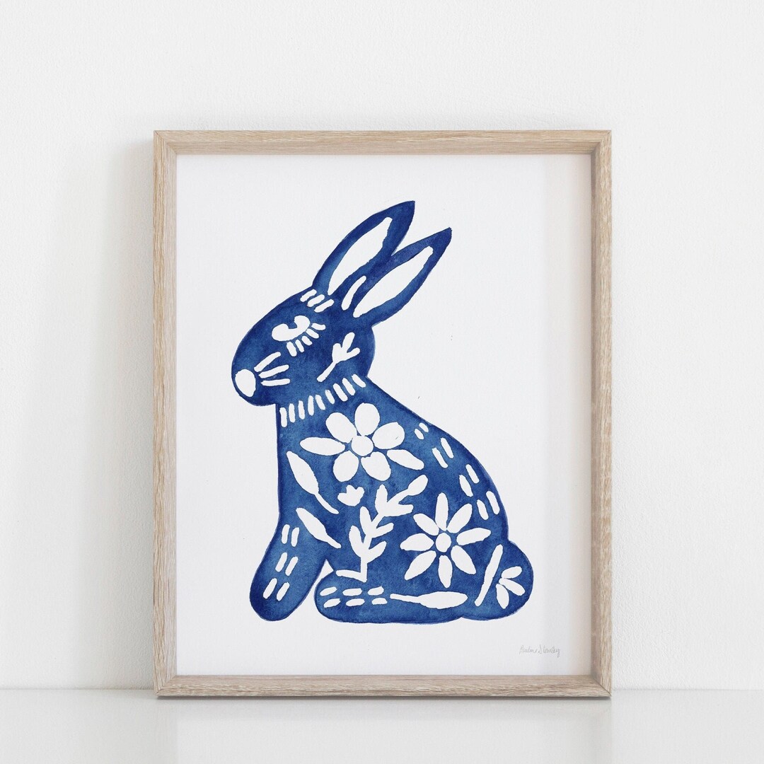 Blue Floral Rabbit Wall Art Print - Etsy