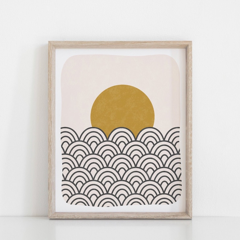 Waves & Sun Art Print - Black Ochre | Sun Art | Modern Art | Minimalist ...
