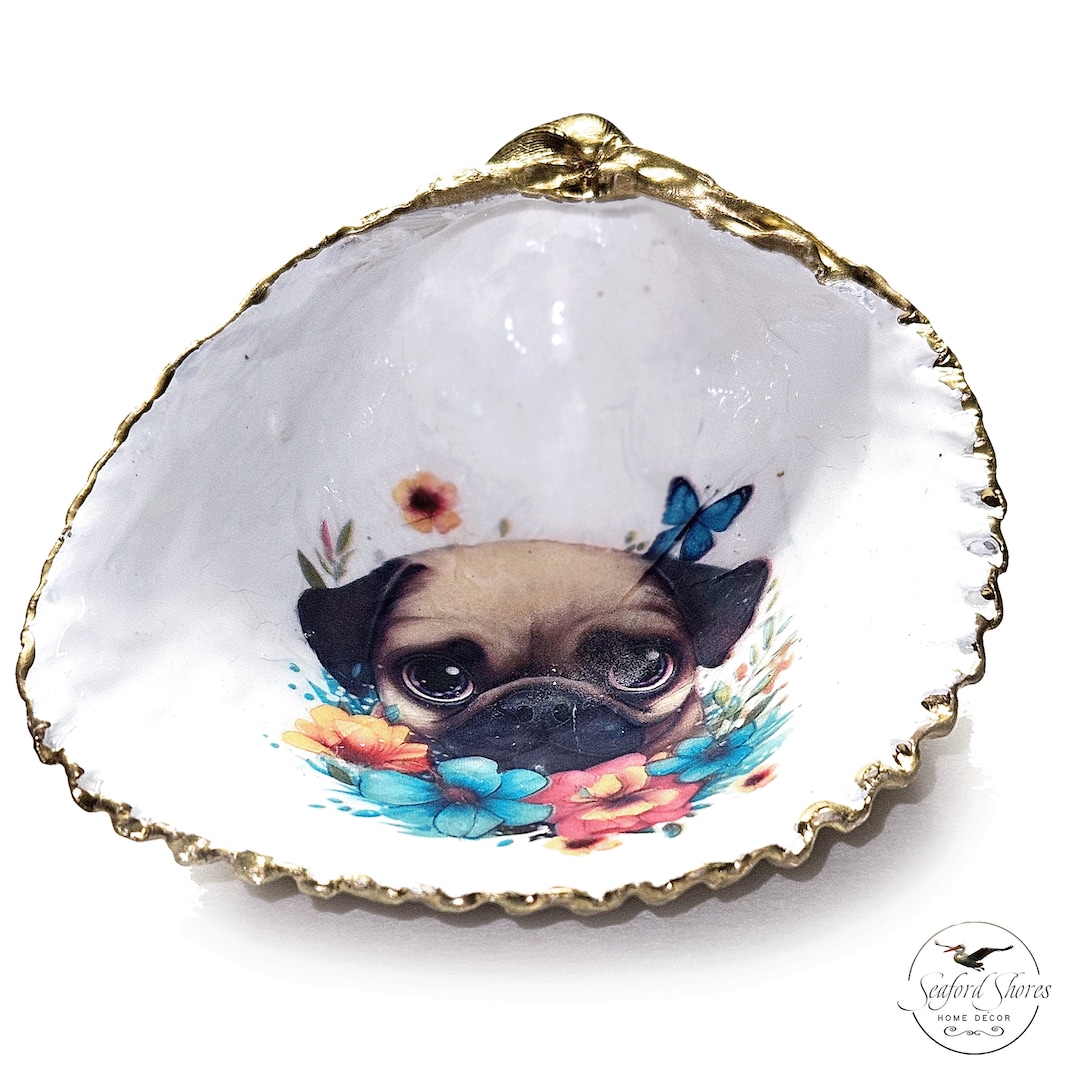 Giant Heart Cockle Shell With Decoupage Pug & Butterfly Ring/jewelry ...