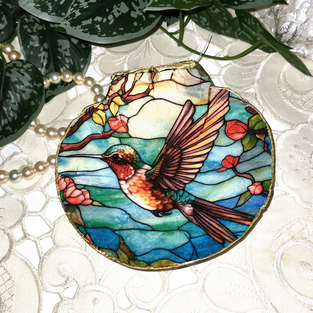 Large Scallop Shell With Decoupage Stained Glass Hummingbird Ring ...