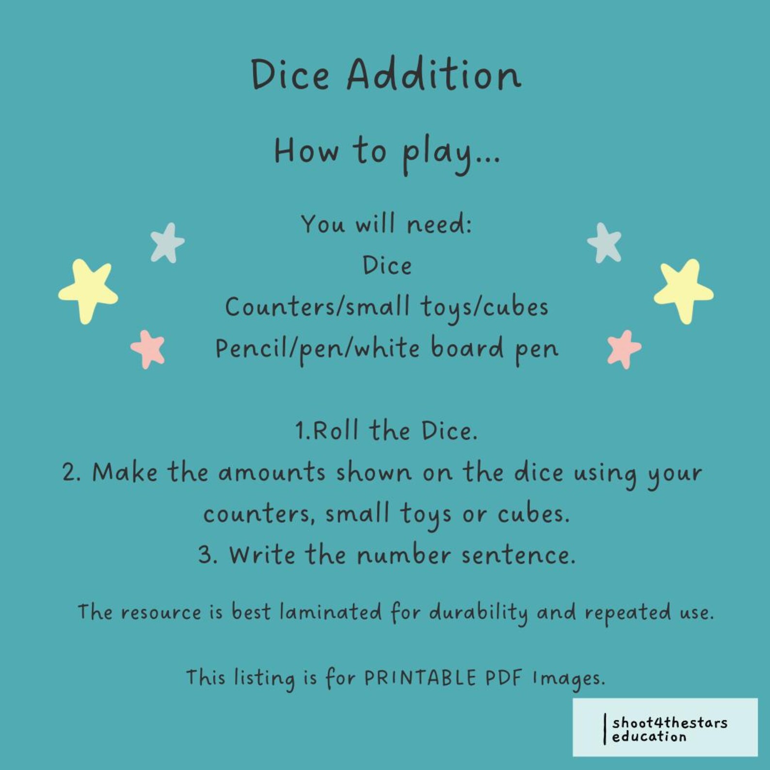 Addition Worksheet/summer Activity/number Game/dice Game/maths Game ...