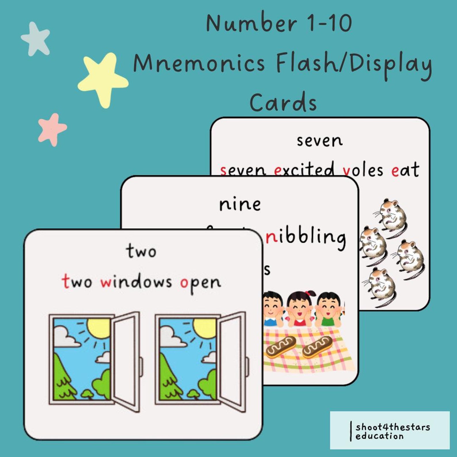 Mnemonics Flash Cards With Visual Aids for Spelling Numbers 1-10 ...