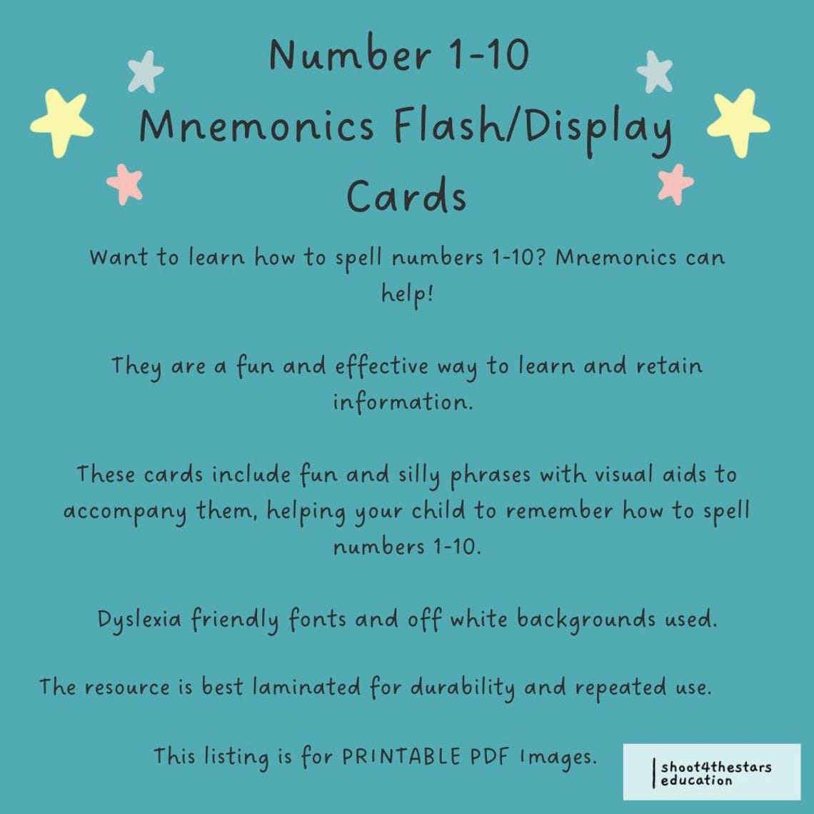 Mnemonics Flash Cards With Visual Aids for Spelling Numbers 1-10 ...