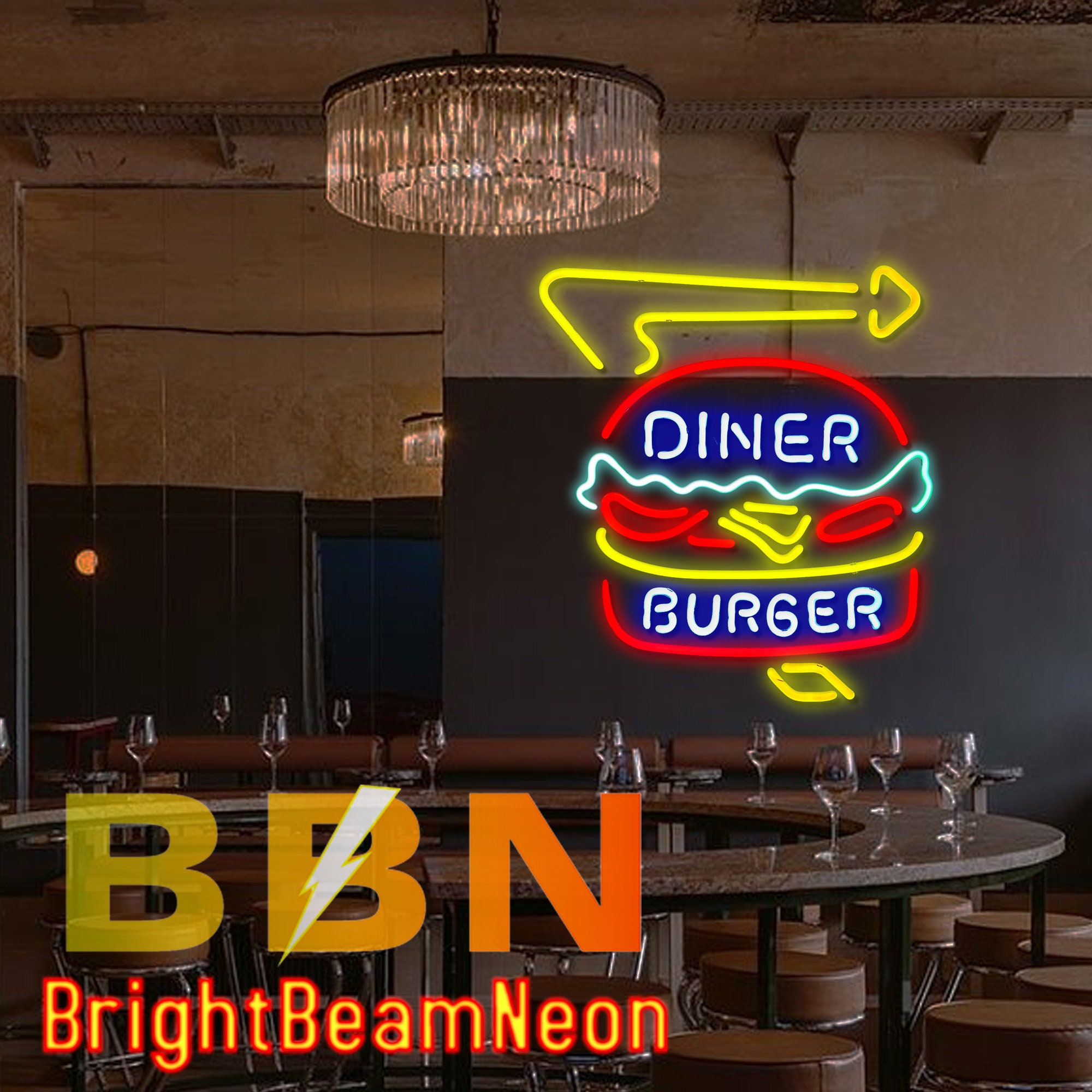Diner Burger Neon Light Sign Vintage Glass Neon Sign for Restaurants ...