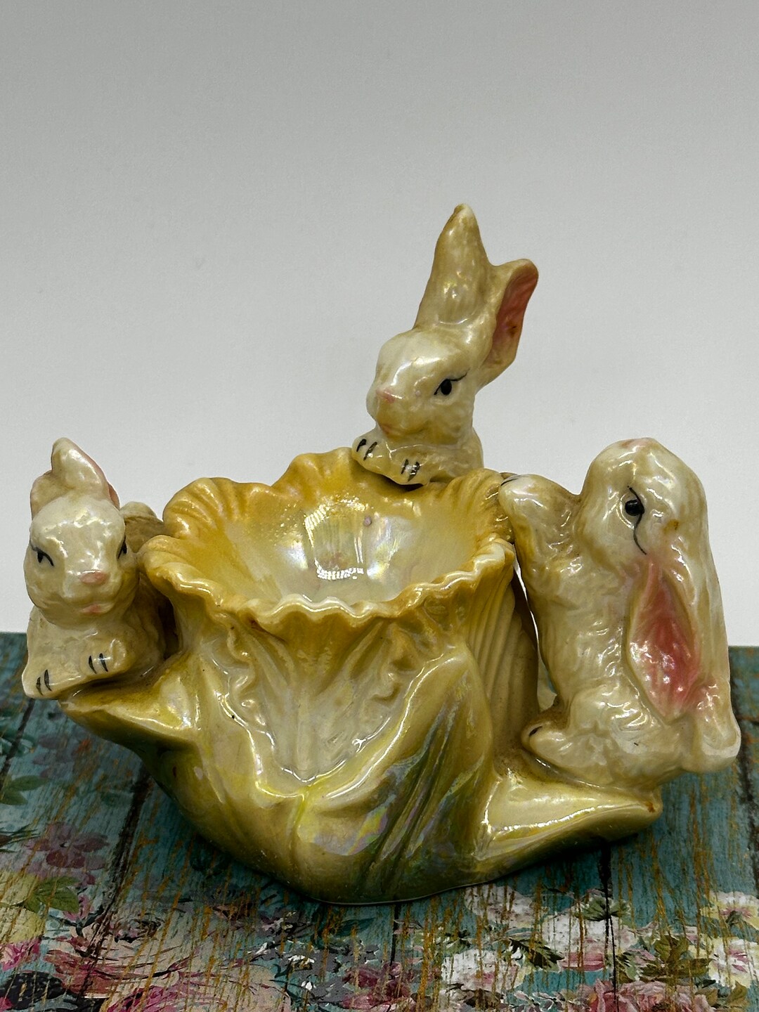 Triple Rabbit Moonglow Candle Holder Egg Cup Trinket Ring Holder ...