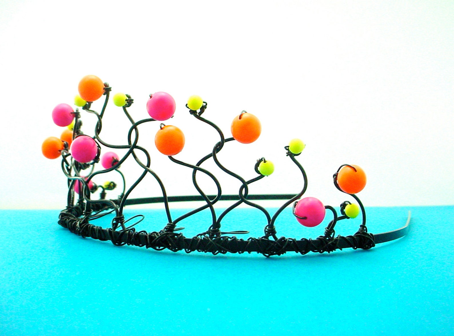 Neon Tiara Hot Pink, Orange, and Yellow Swarovski Pearls on Black Wire ...