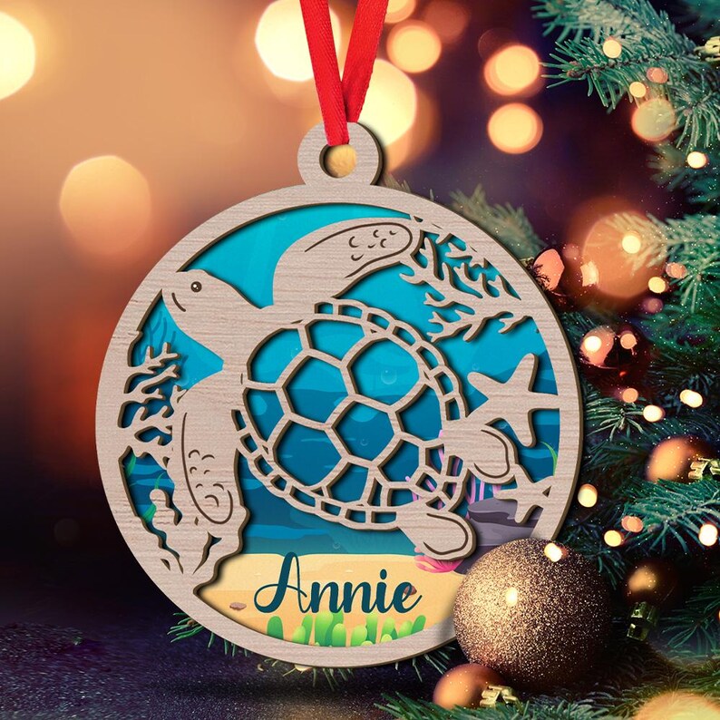 Personalized Sea Turtle 2 Layered Wood Ornament, Custom Name Turtle ...