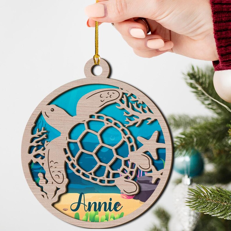 Personalized Sea Turtle 2 Layered Wood Ornament, Custom Name Turtle ...