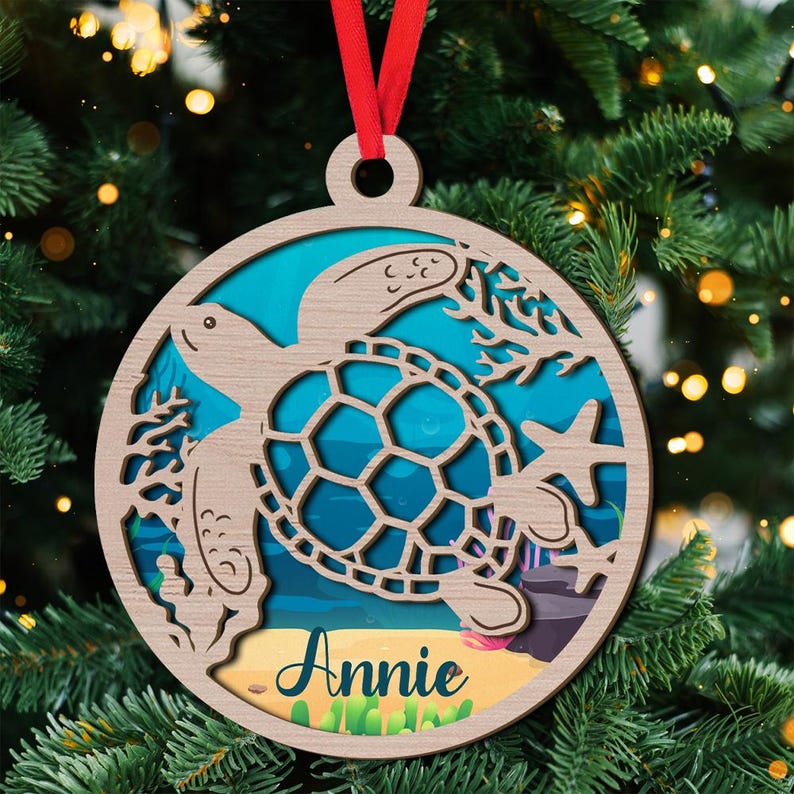 Personalized Sea Turtle 2 Layered Wood Ornament, Custom Name Turtle ...