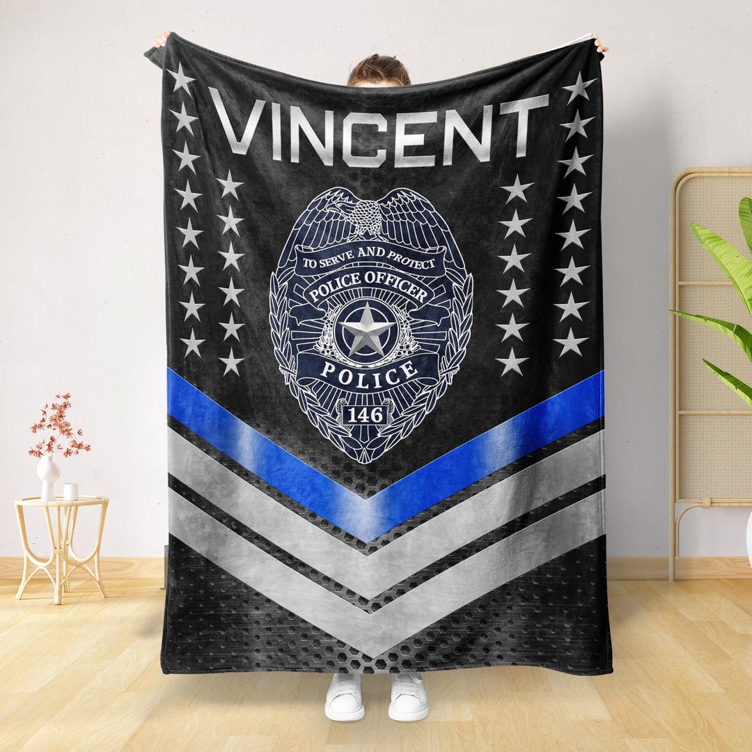 Personalized Police Blanket, Custom Name Police Officer Blue Line Flag ...
