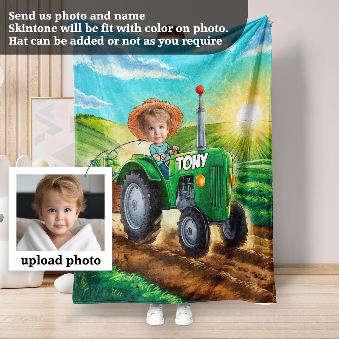 Personalized Boy on Tractor Blanket, Custom Photo and Kid Name on ...