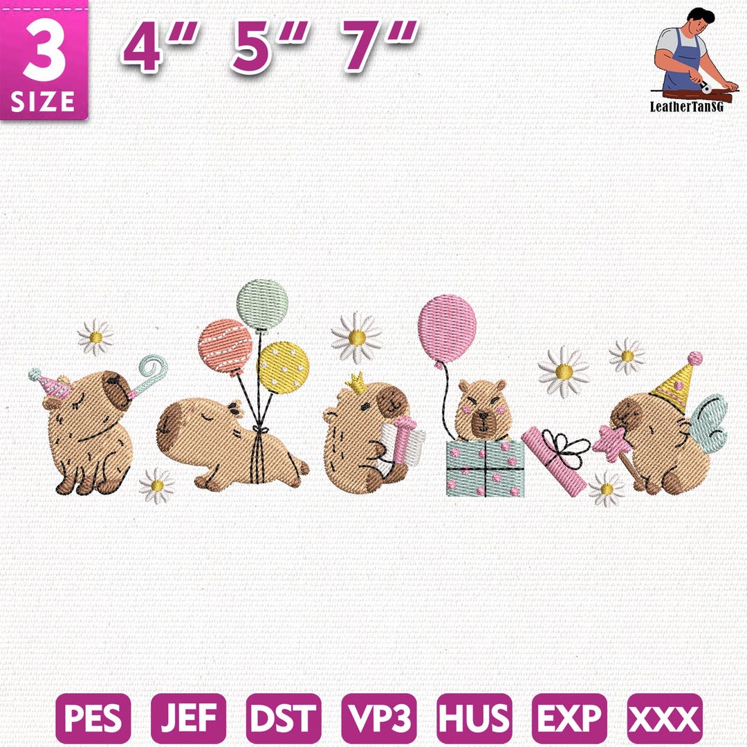 Cute Capybara Embroidery Design, Capybara Birthday Embroidery File ...