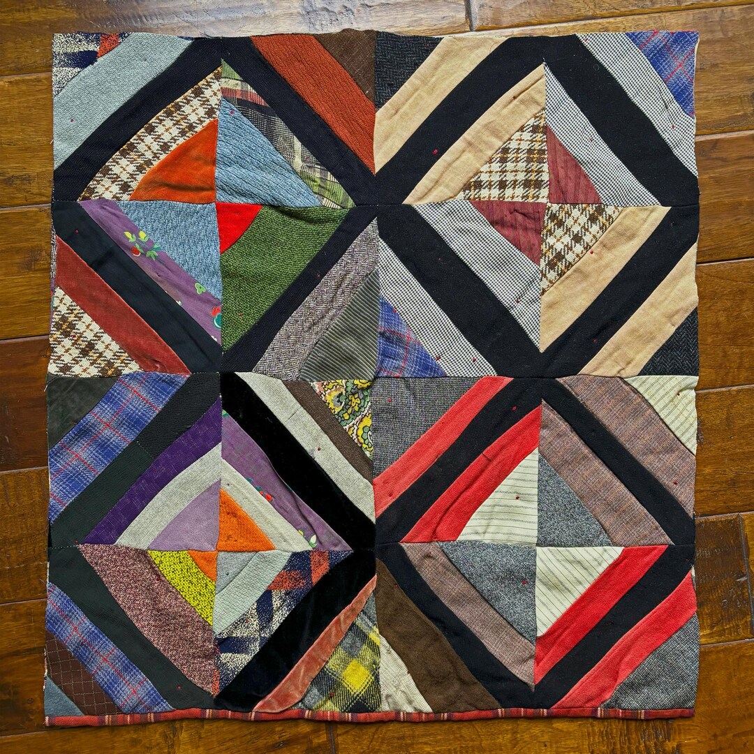 Antique Primitive Diagonal Strip Quilt Square Blocks Panel, Late 1800s ...