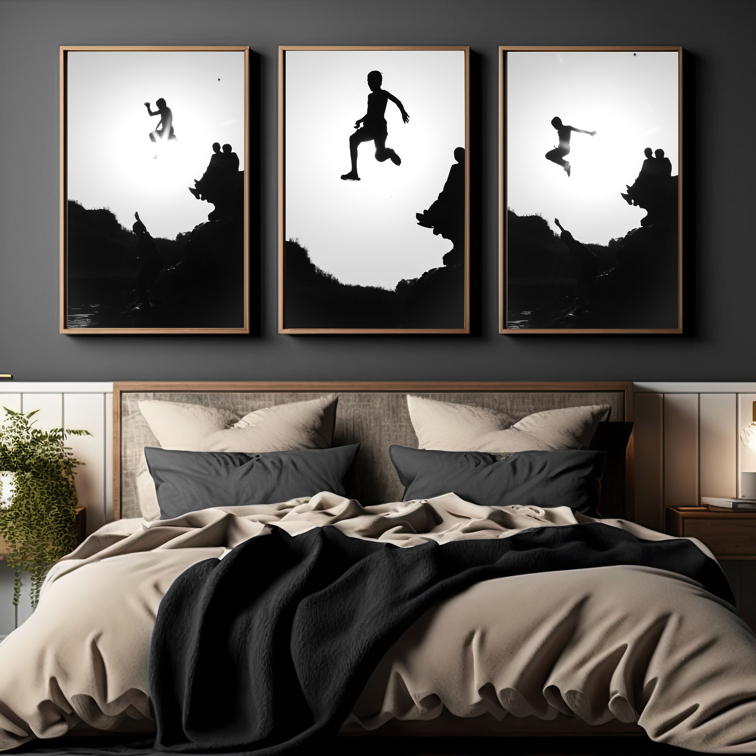 Set of 3 Black & White Low Key Photographs Frames of Boys Jumping of a ...