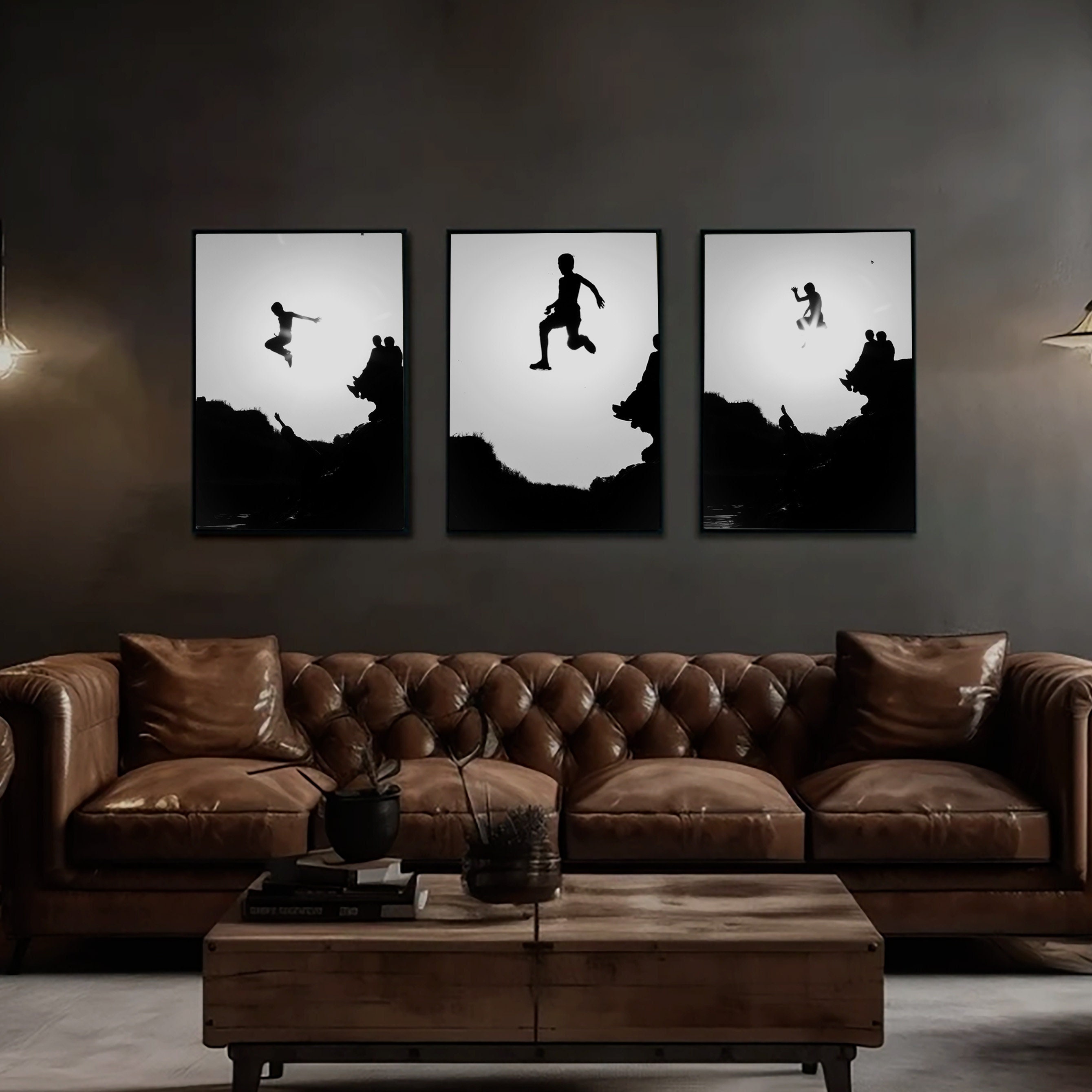 Set of 3 Black & White Low Key Photographs Frames of Boys Jumping of a ...
