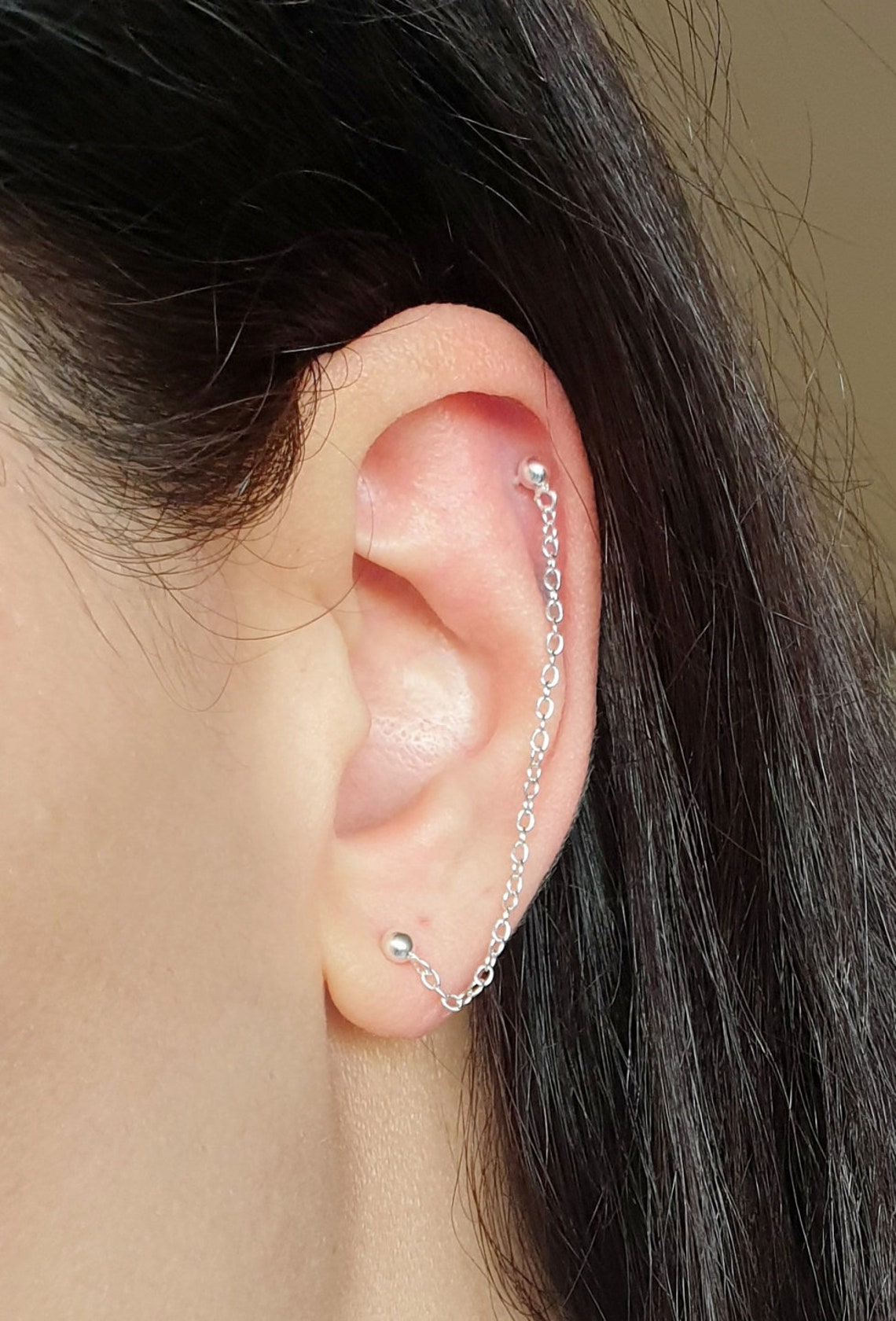 Helix To Lobe Chain Earring Cartilage Earring Silver Double Etsy