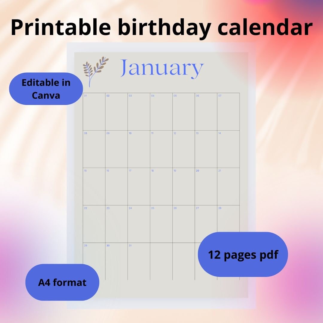 Printable Digital Birthday Calendar, Editable in Canva, Instant ...