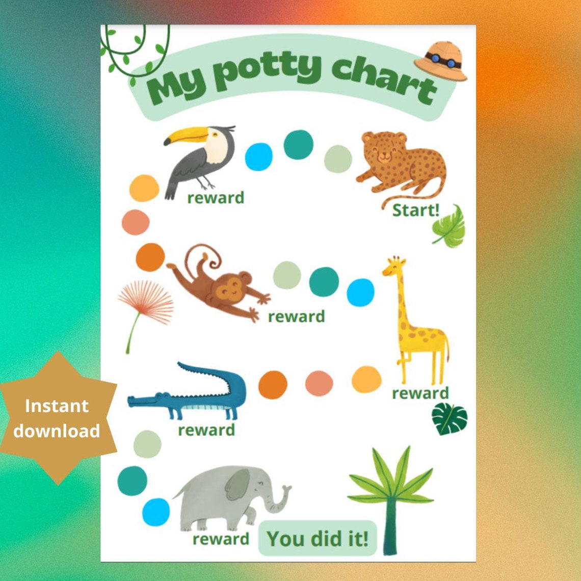 Printable Potty Reward Chart, Safari Potty Chart, Animal Potty Training ...