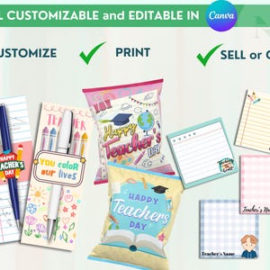 Teacher's Day Printable Bundle Editable Templates Chip Bag Pen Sleeve ...