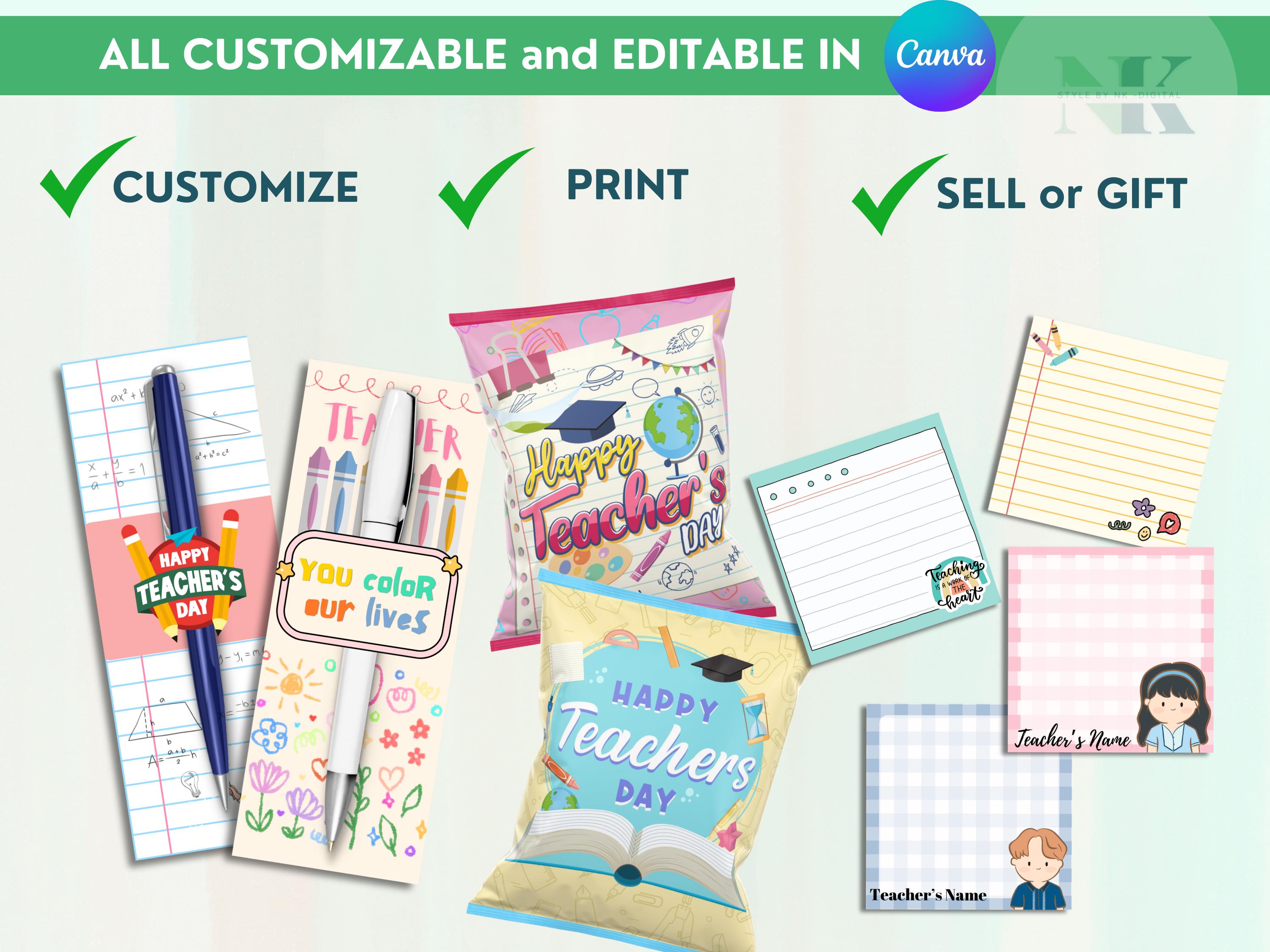 Teacher's Day Printable Bundle Editable Templates Chip Bag Pen Sleeve ...