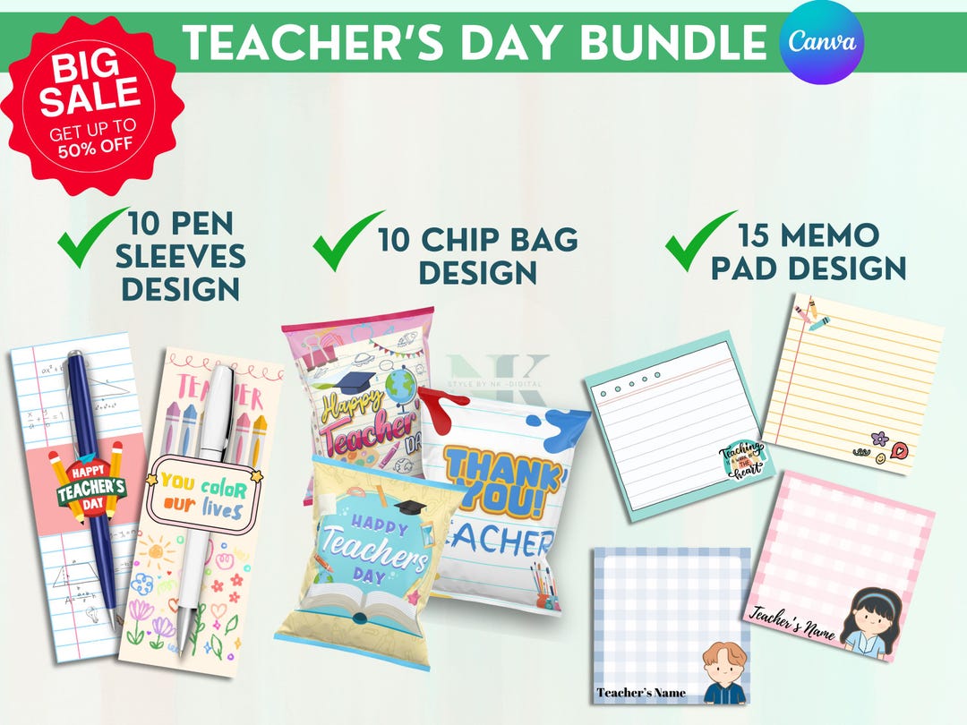 Teacher's Day Printable Bundle – Chip Bag, Pen Sleeve, Memo Pad ...