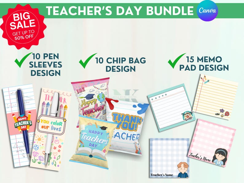 Teacher's Day Printable Bundle Editable Templates Chip Bag Pen Sleeve ...