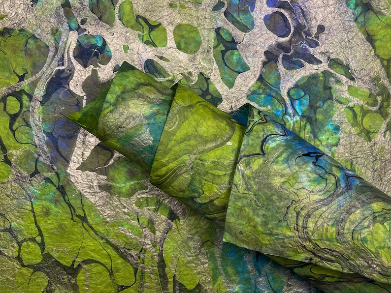 Hand Marbled Mulberry Paper Sheet: Turquoise, Orange, Green Washi ...