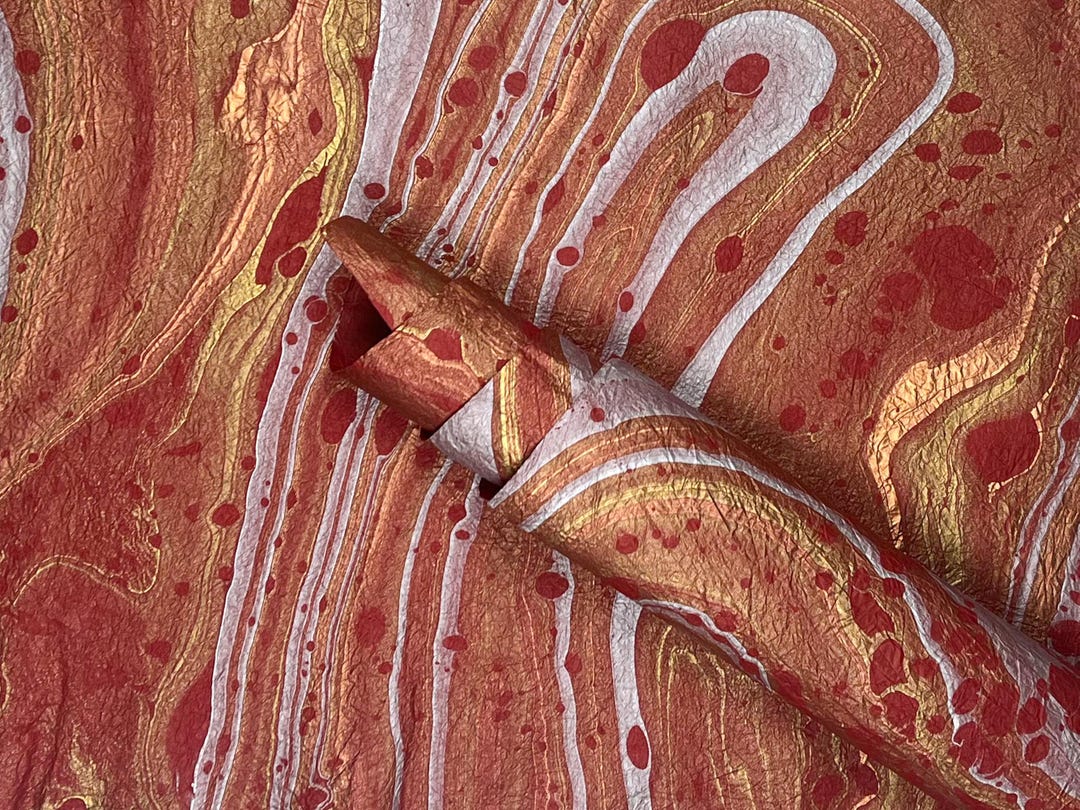 Mulberry Paper Hand Marbled: Red Washi Sheet With Gold & Silver ...