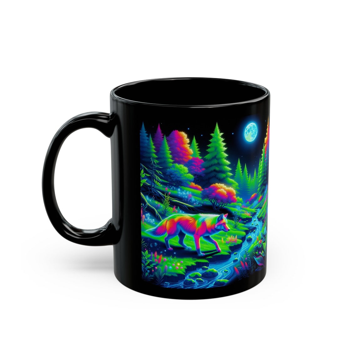 Neon Wolf Mug, Wild Wolf Coffee Mug, Ceramic Wolf Mug, Vibrant ...