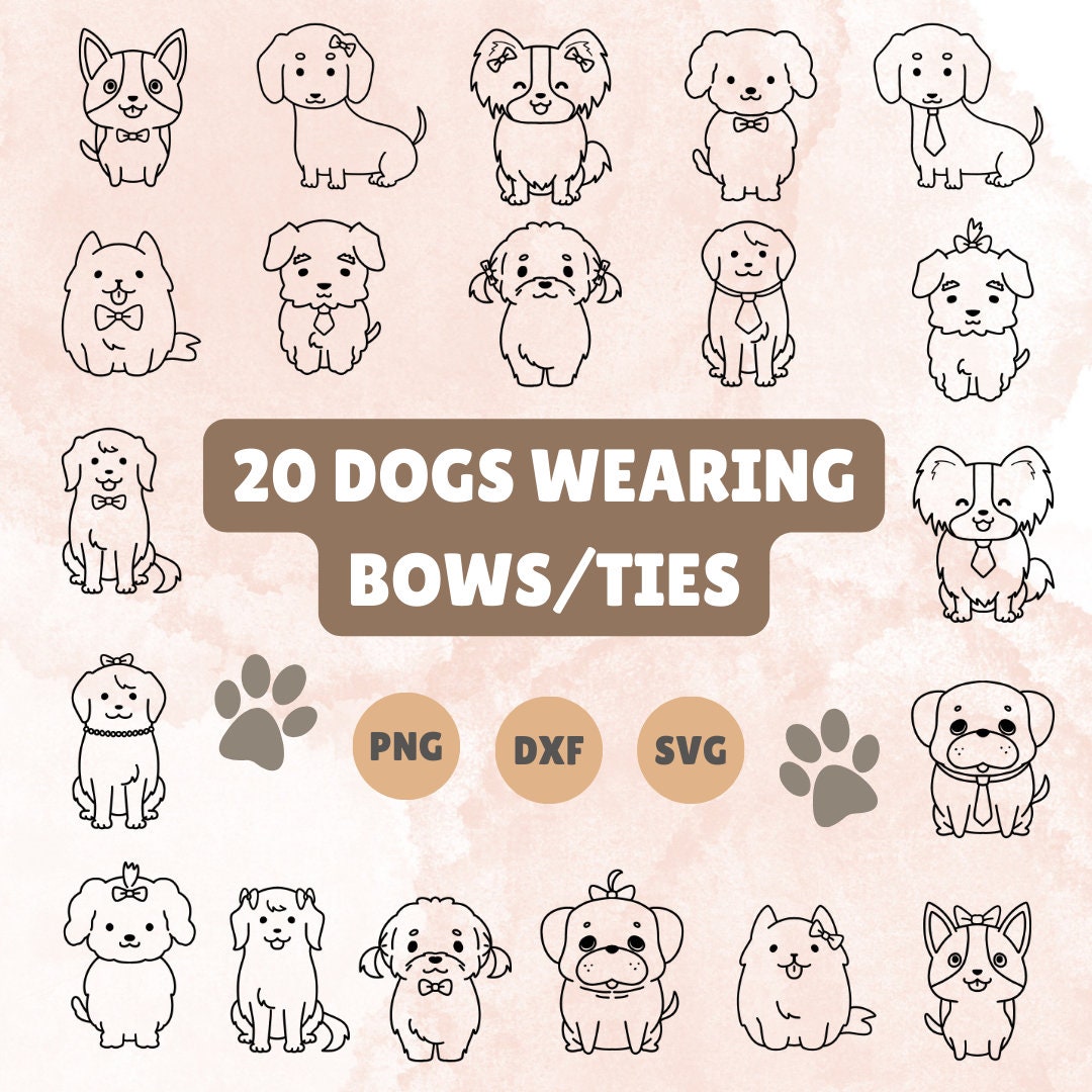 20 Dogs Wearing Bows/ties SVG for Cut File, Dogs Hand Drawn Style, Cute ...