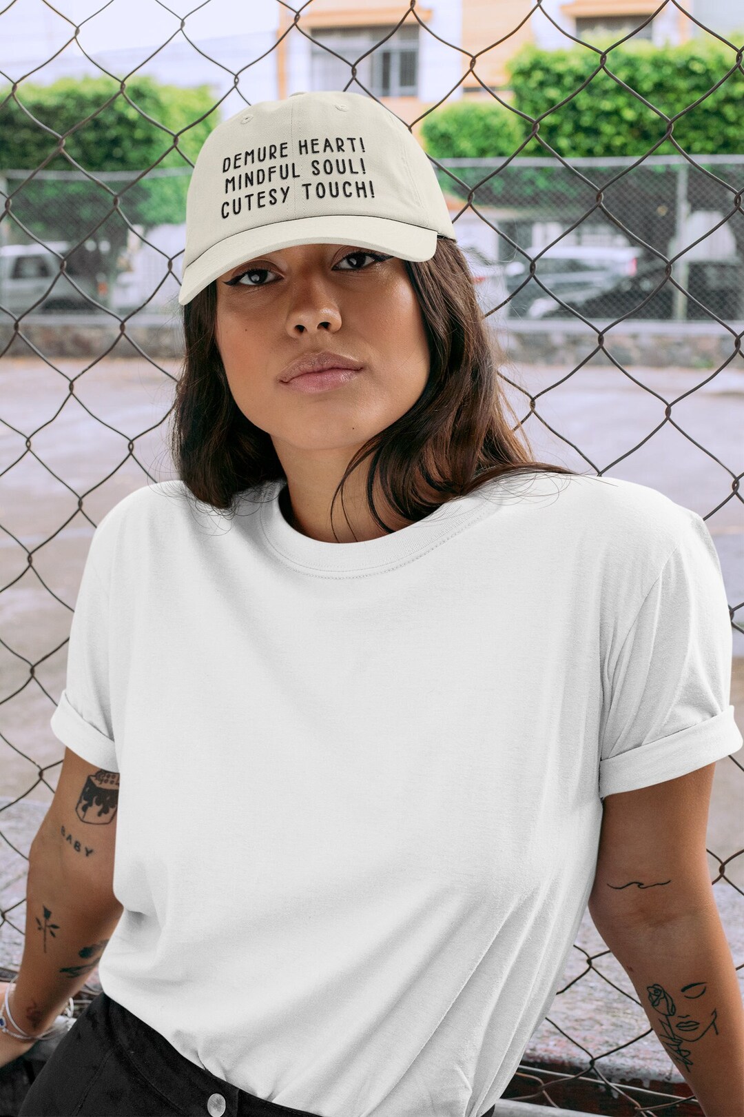 Demure, Mindful, Cutesy Distressed Funny Quote Cap, Cotton Twill Hat ...