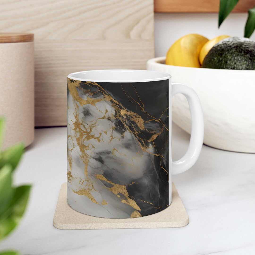 Luxurious White, Black and Gold Marble Glossy Ceramic Marble Mug ...
