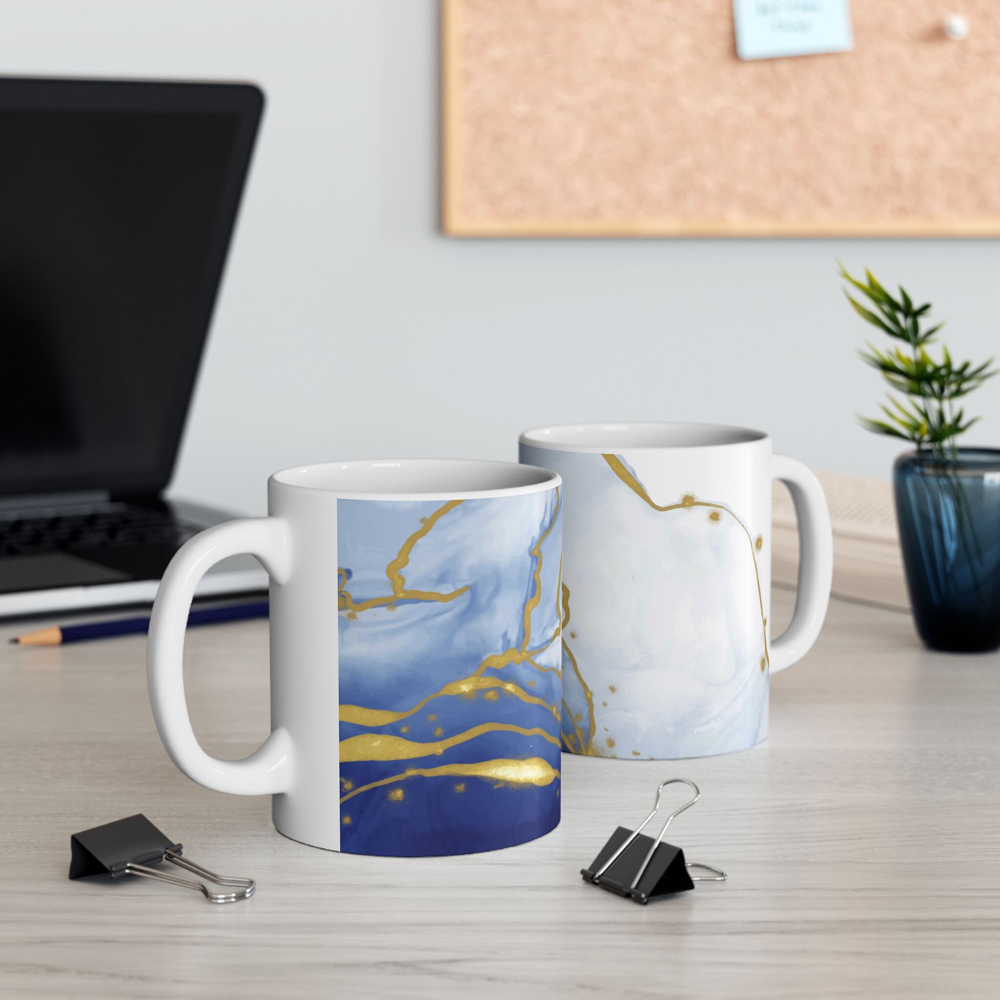 Luxurious Light Blue and Gold Marble Glossy Ceramic Marble Mug Durable ...